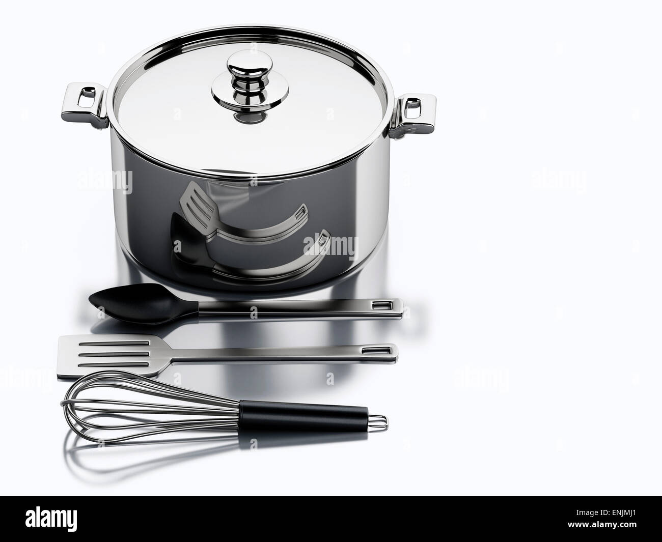 3d render illustration. Kitchen utensils and metallic pan. Kitchen ...