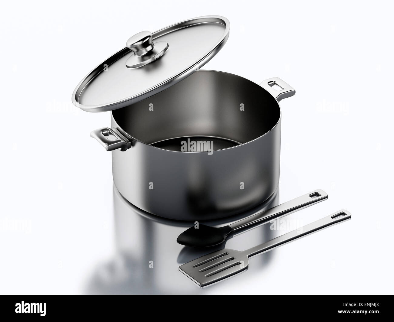 3d render illustration. Kitchen utensils and metallic pan. Kitchen ...