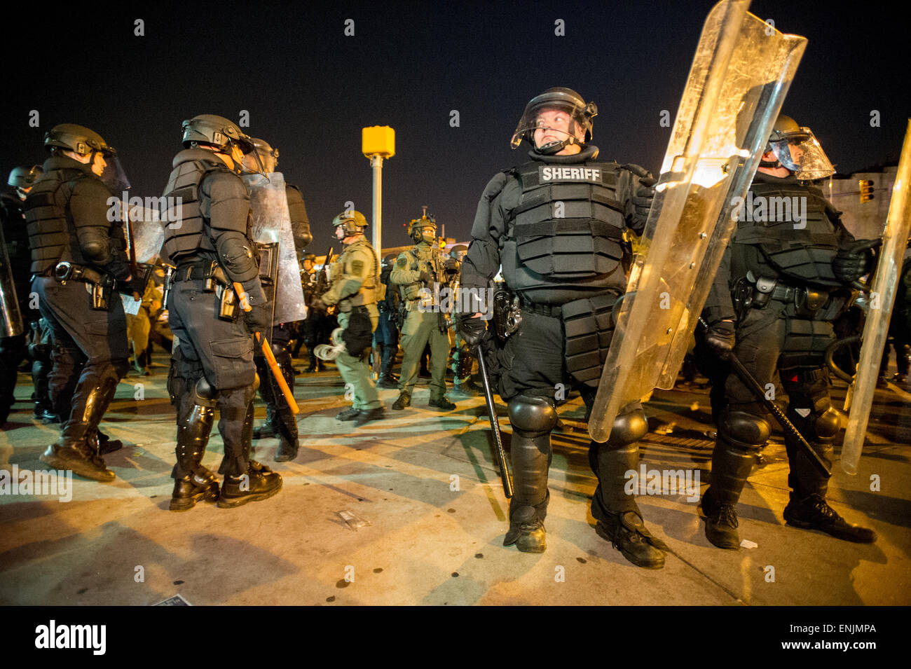 BALTIMORE, MARYLAND - Riot police controlling crowds at Penn and North ...