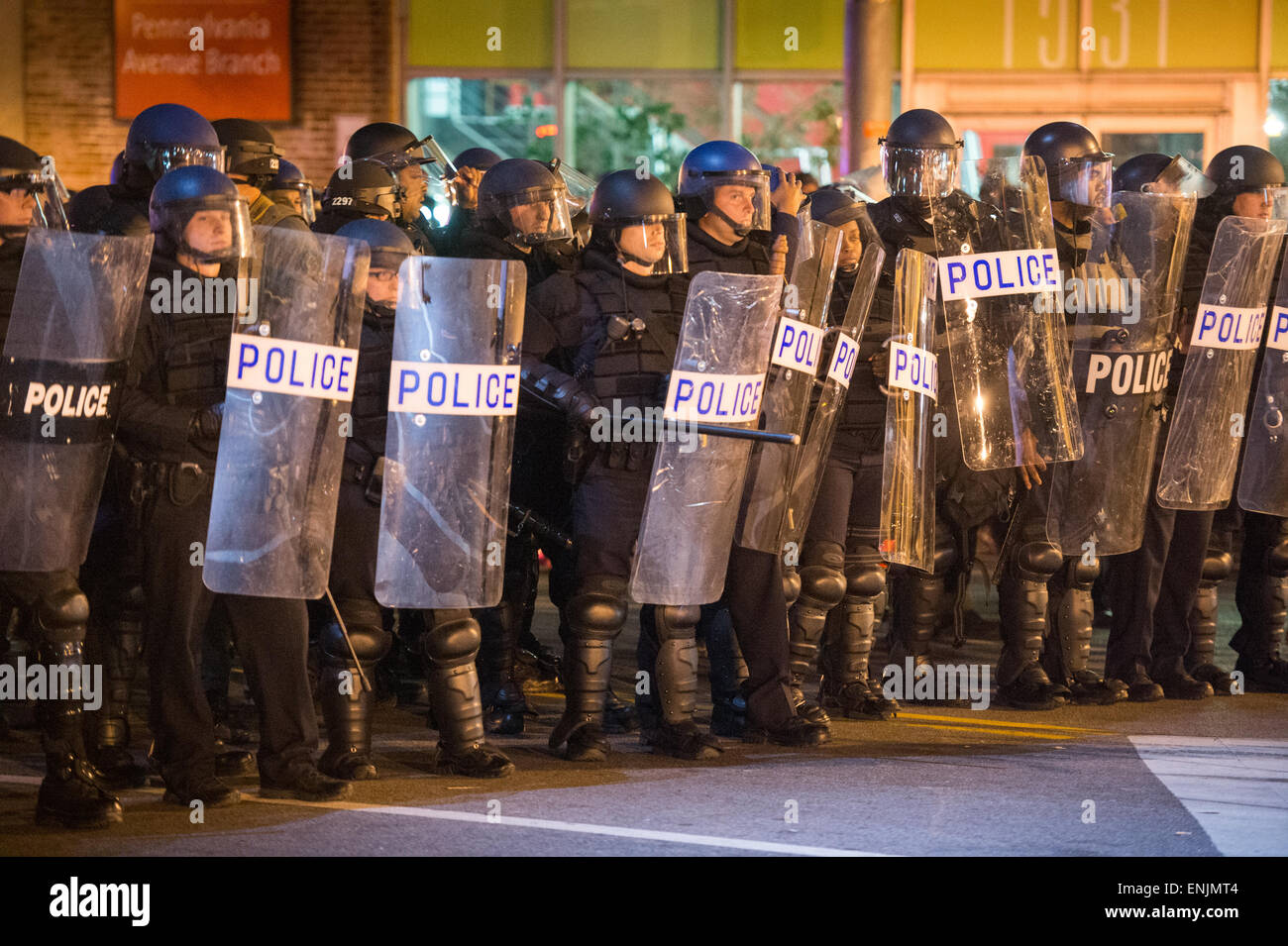 BALTIMORE, MARYLAND - Riot police controlling crowds at Penn and North ...