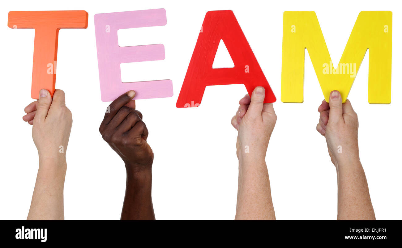 Multi ethnic group of people holding the word Team isolated Stock Photo ...