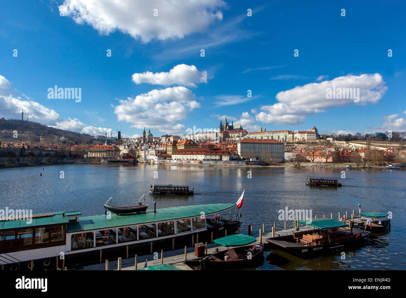 Prague Vltava River boats Charles Bridge Prague Castle Czech Republic ...