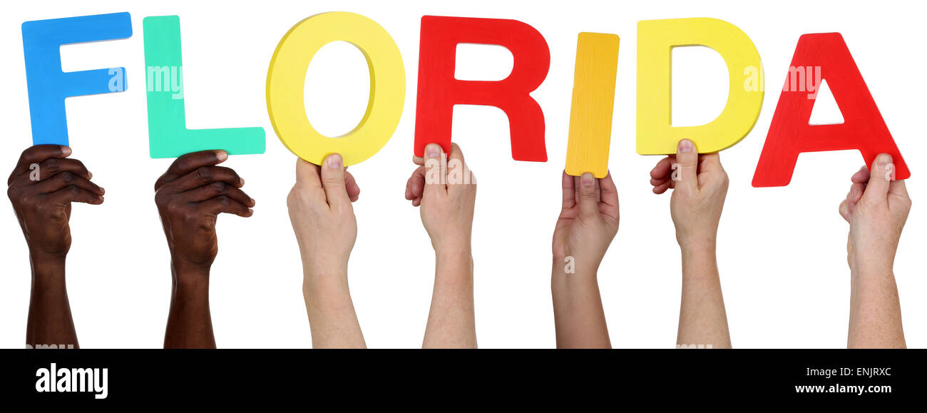 Multi ethnic group of people holding the word Florida isolated Stock ...