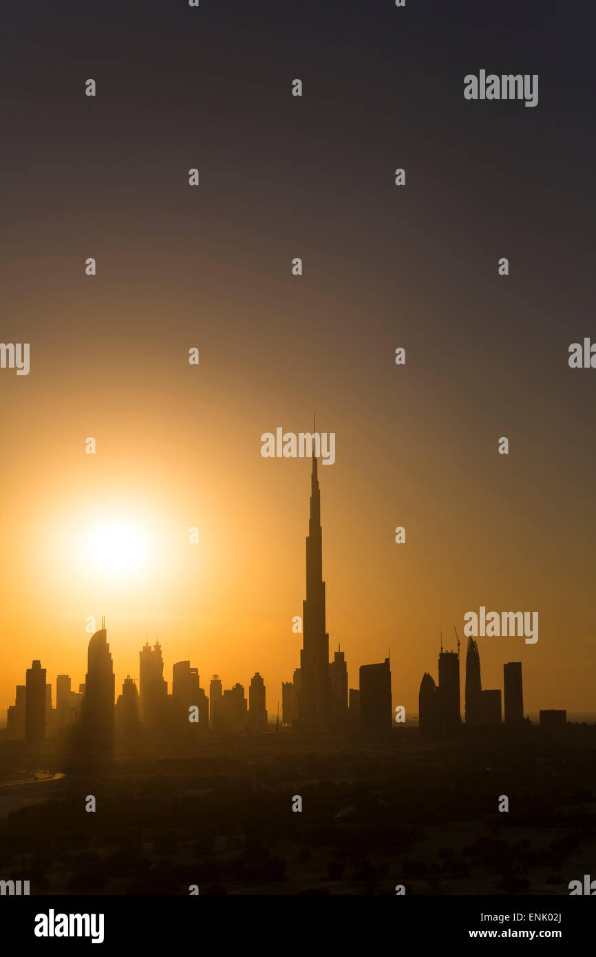 Elevated view of the new Dubai skyline, the Burj Khalifa, modern ...