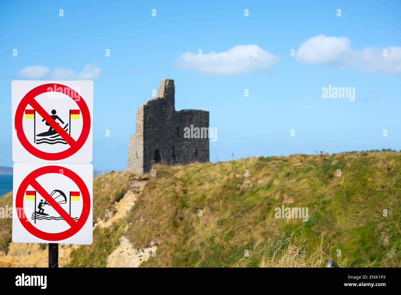 warning signs for surfers at ballybunion castle on the wild atlantic ...