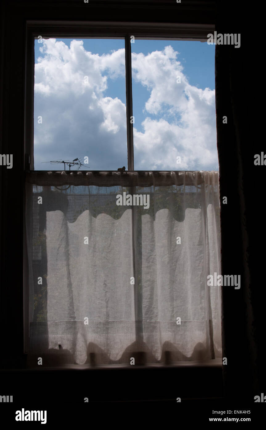 window with clouds and curtain Stock Photo - Alamy
