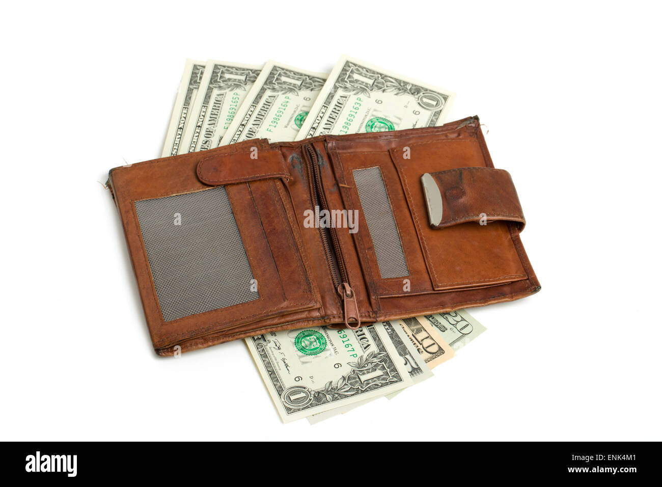 leather wallet with money banknotes US dolars nominal value one, five ...