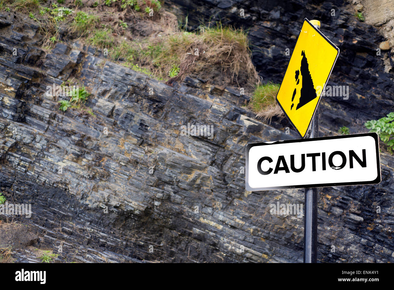 caution rock slide sign on Ballybunion beach in county Kerry Ireland ...