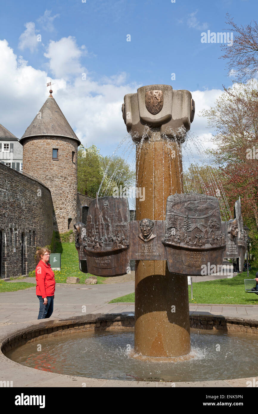 town tower and history fountain, Olpe, Sauerland, North Rhine-Westfalia ...