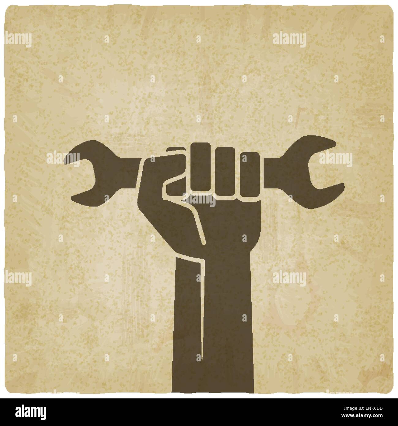 worker hand with wrench symbol old background - vector illustration ...