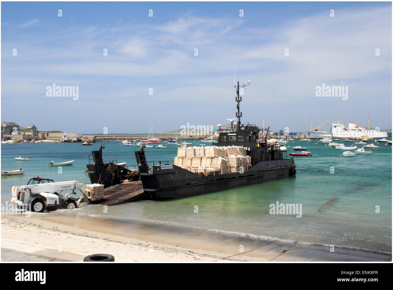 Flat bottomed landing craft delivering freight on St Marys,Isles of ...