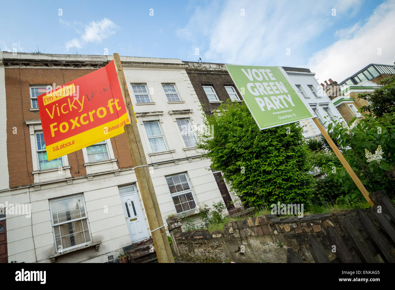 London, UK. 7th May, 2015. Labour and Green Party placards seen on New ...