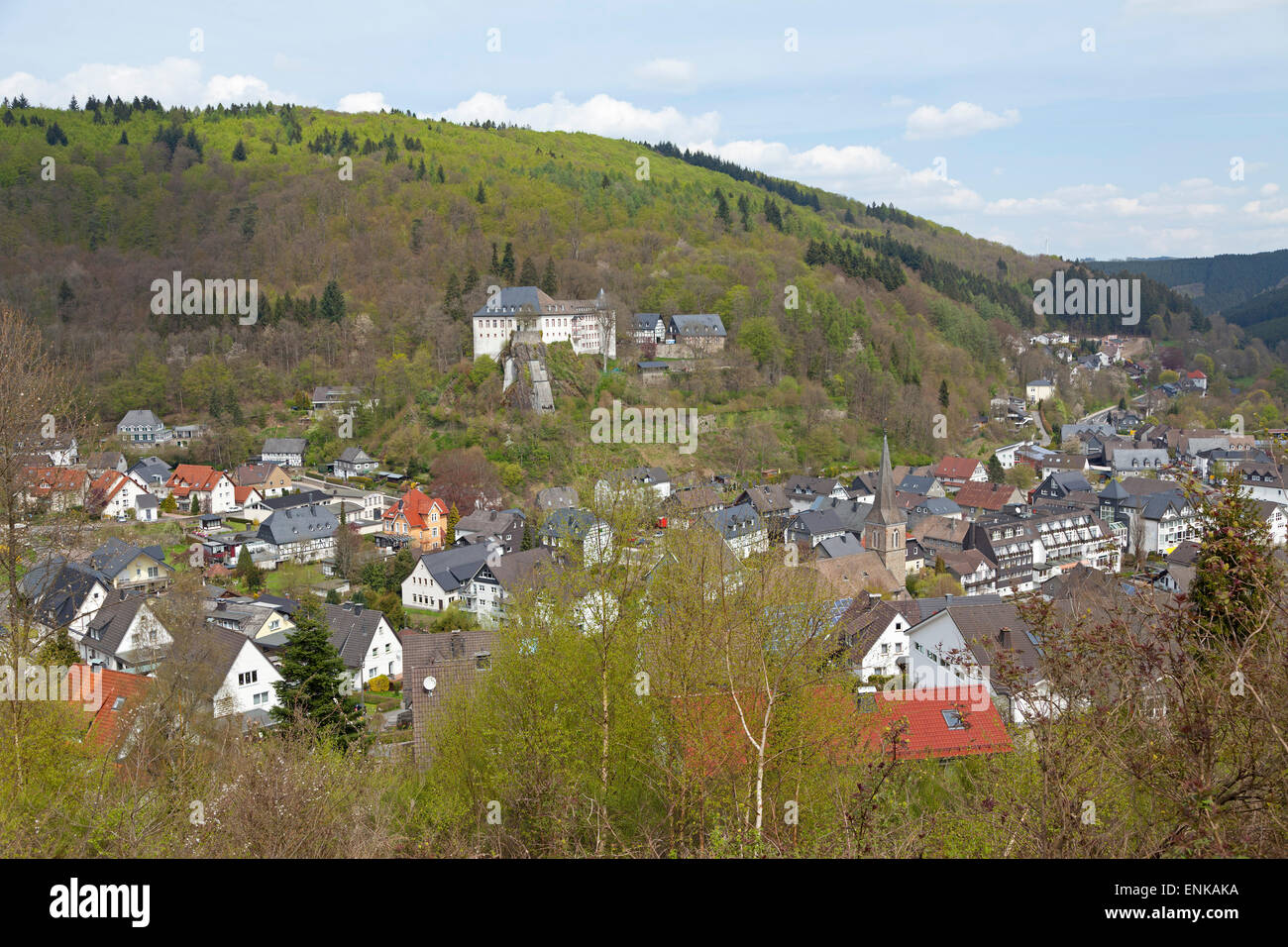 panoramic view of Bilstein and its castle, Sauerland, North Rhine ...