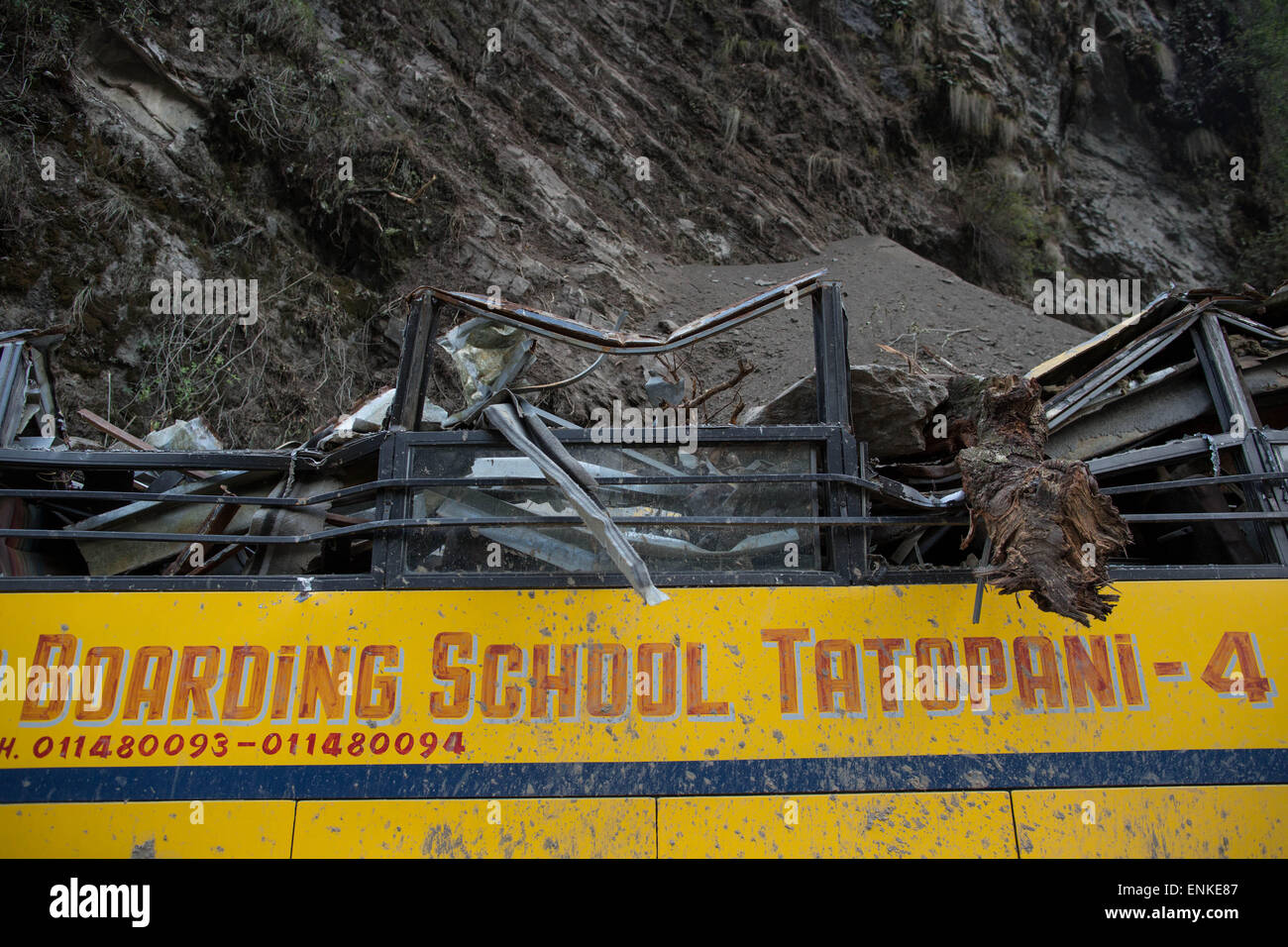 Kobani, Kobani, Nepal. 5th May, 2015. A destroy school bus hit by the ...