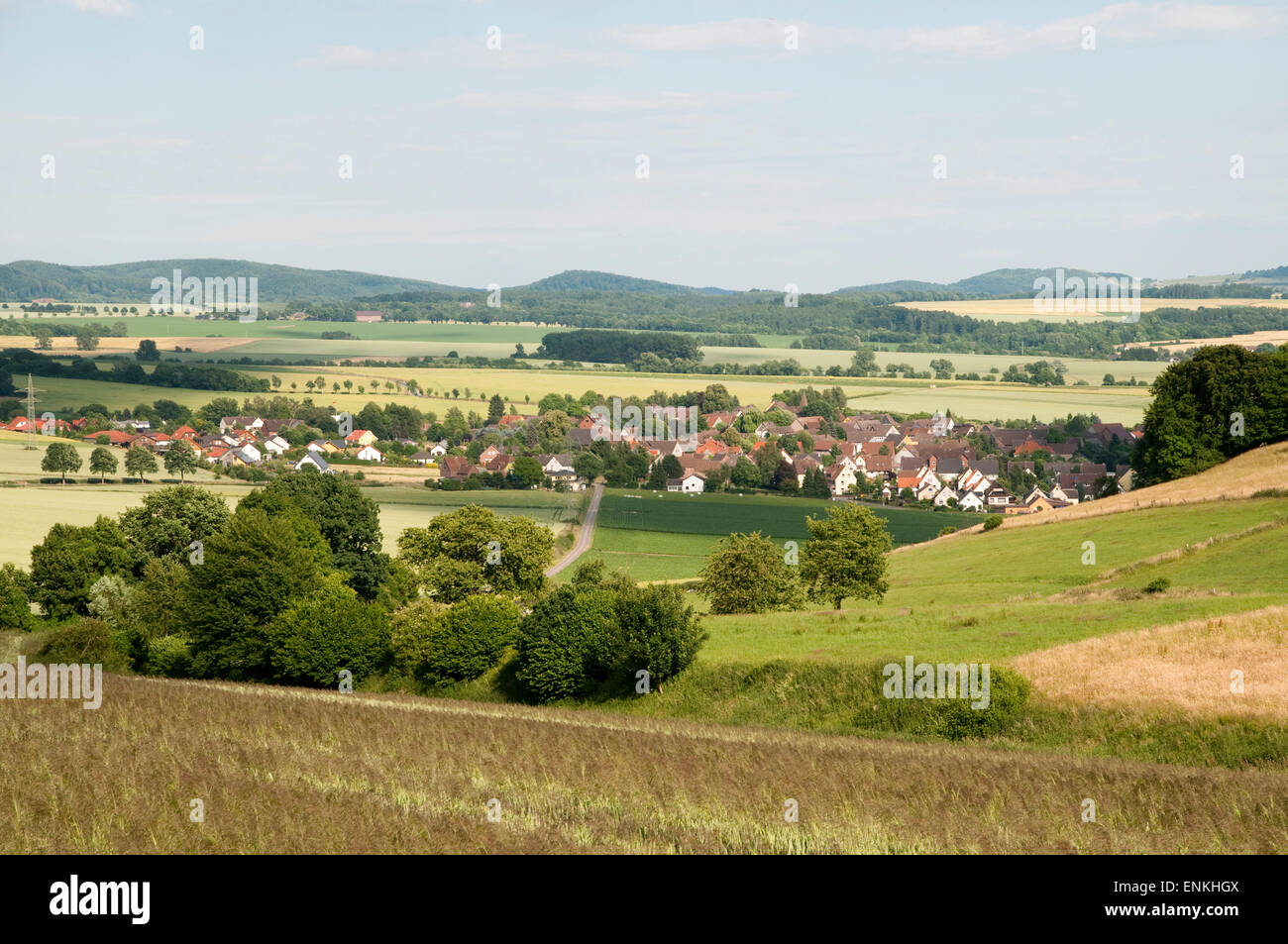landscape with village, Weserbergland, Lower Saxony, Germany Stock ...