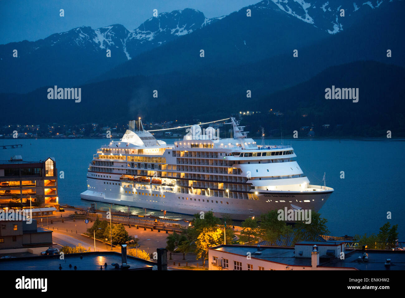 View of the pier and downtown of Juneau, Alaska. Downtown Juneau sits ...