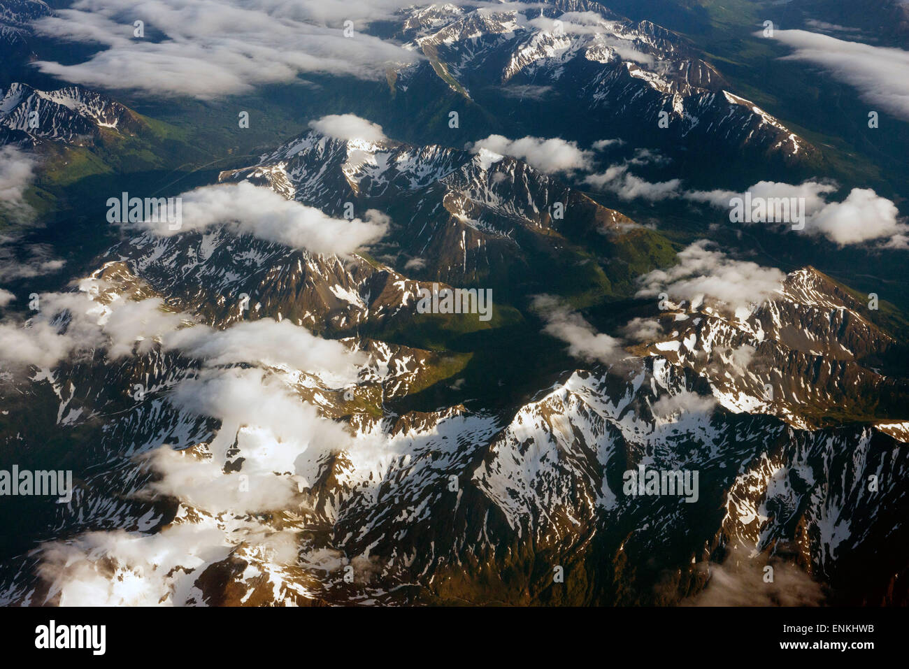 Aerial view of Coastal Mountains and glaciers north of Juneau ...