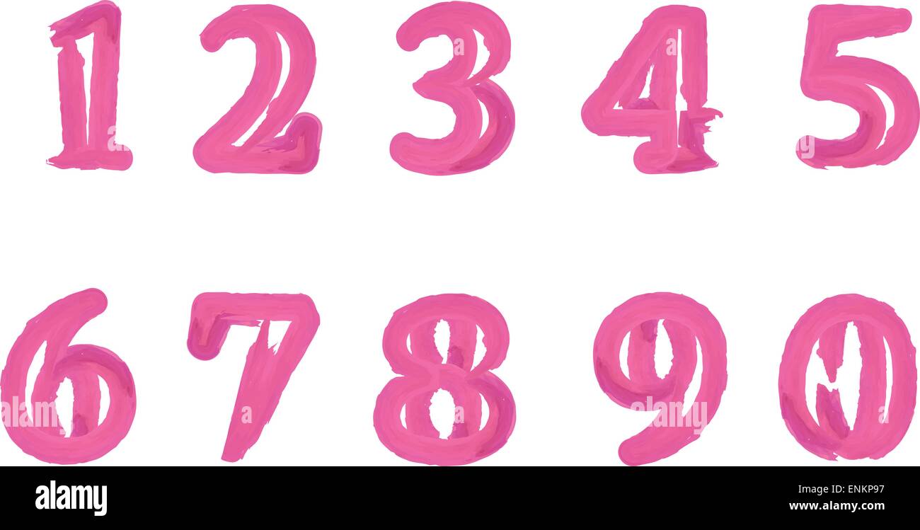 Pink ink numbers set. Handwritten watercolor symbols. Vector ...