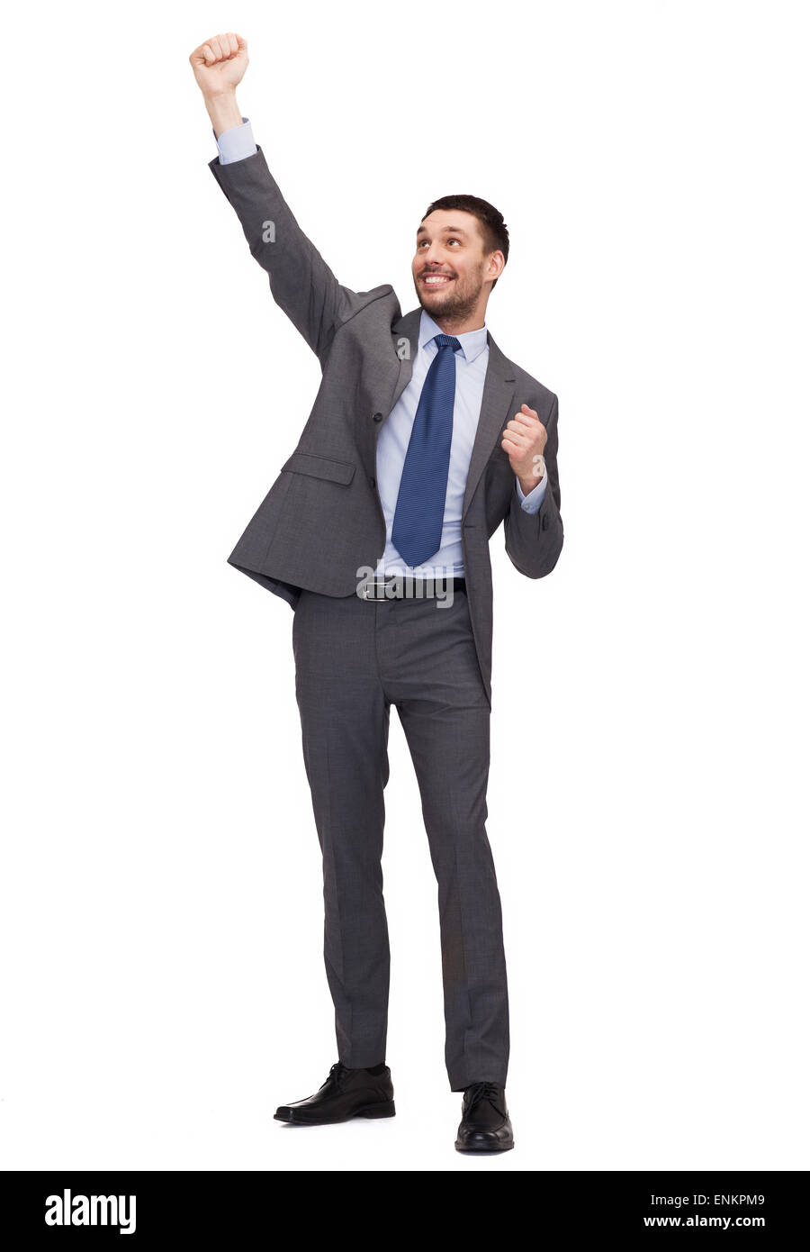 happy businessman with hands up Stock Photo - Alamy