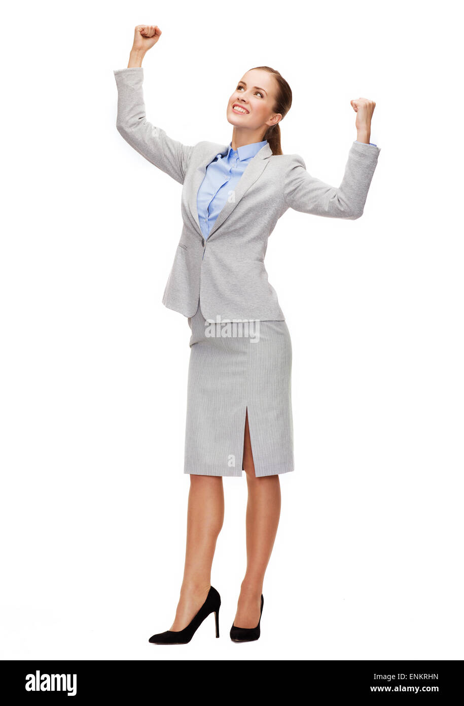 happy businesswoman with hands up Stock Photo - Alamy