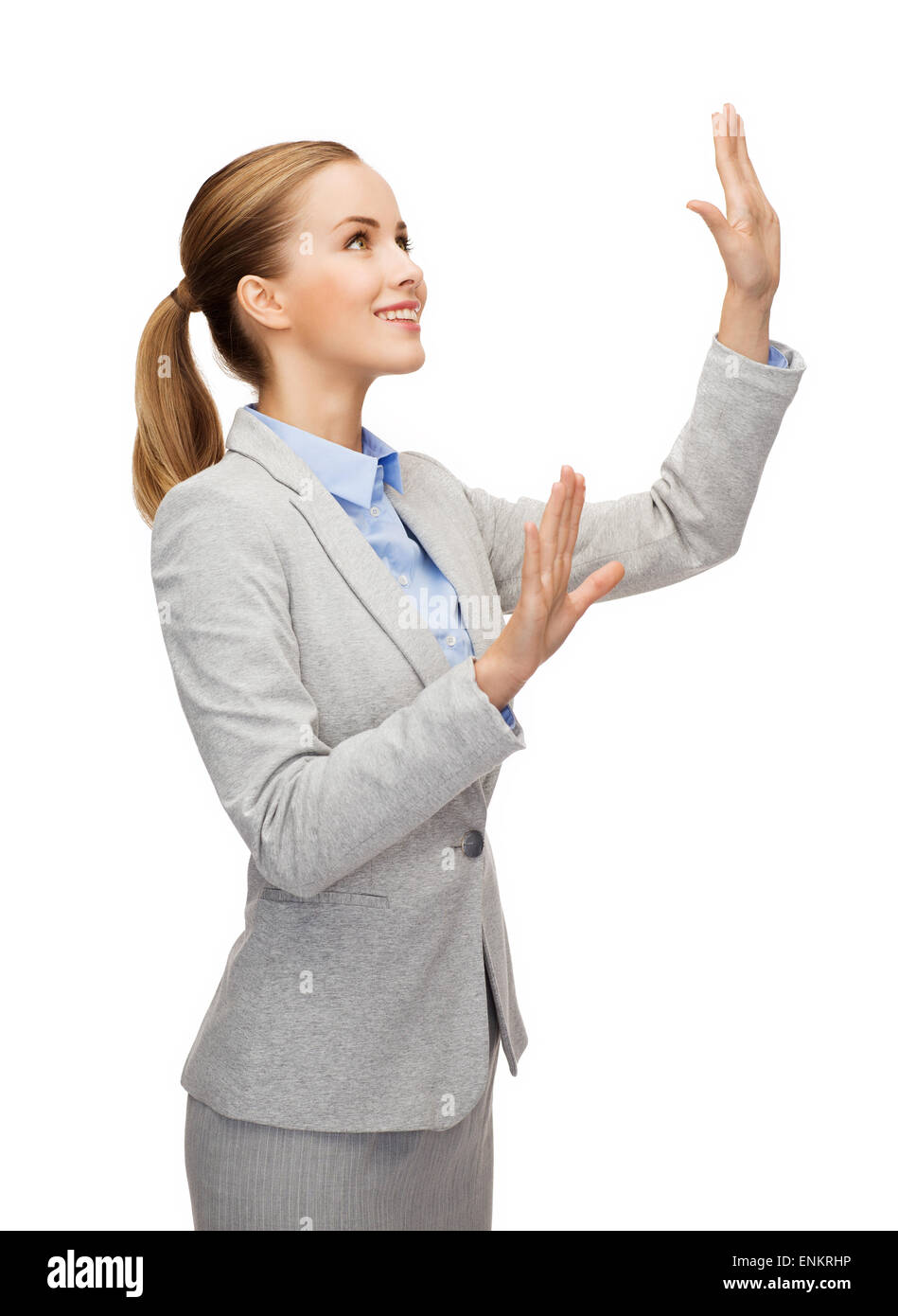 Businesswoman touching virtual screen hi-res stock photography and ...