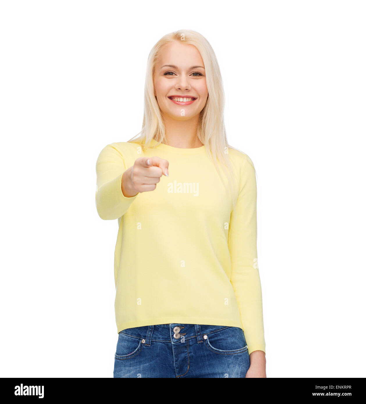 smiling woman pointing finger at you Stock Photo - Alamy