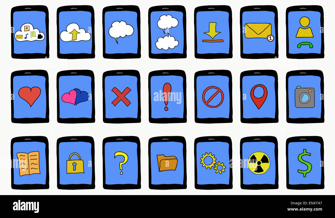 Set of colorful doodle cartoon tablets with different functions Stock ...