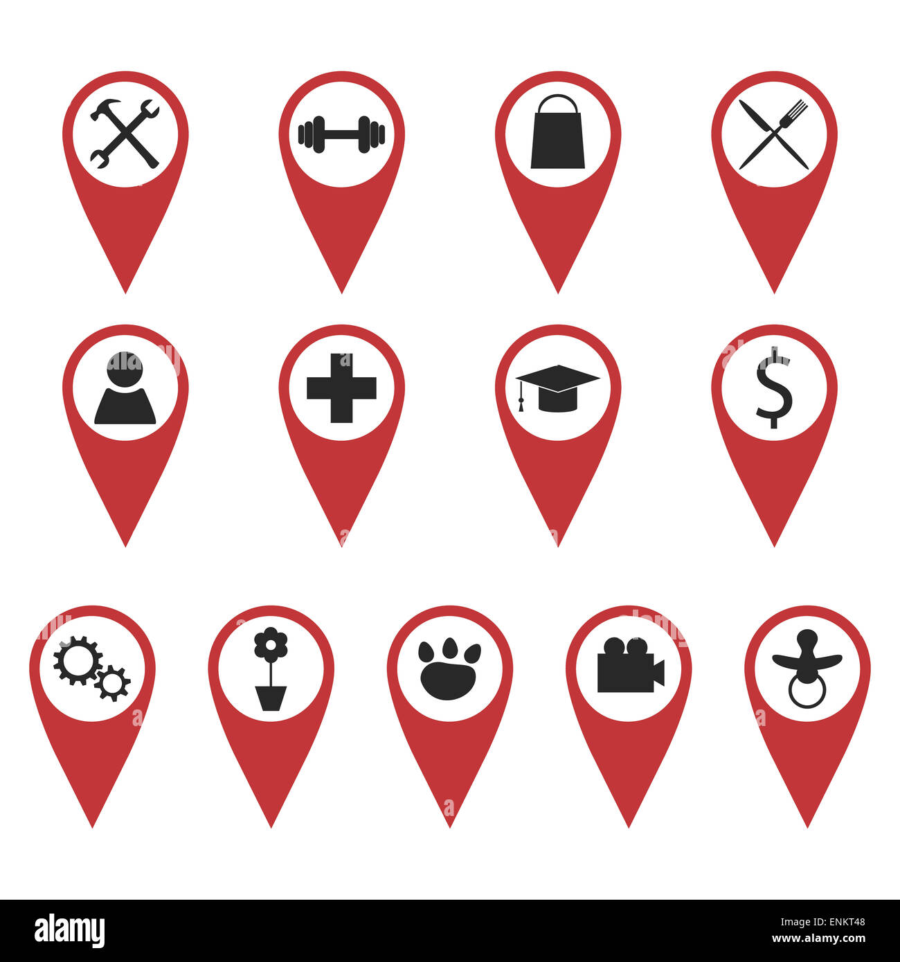 Set of redgeo pins with black signs showing different places Stock ...