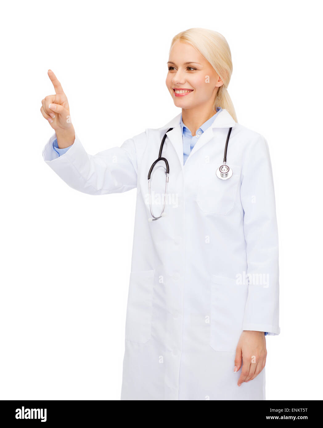 smiling female doctor pointing to something Stock Photo - Alamy