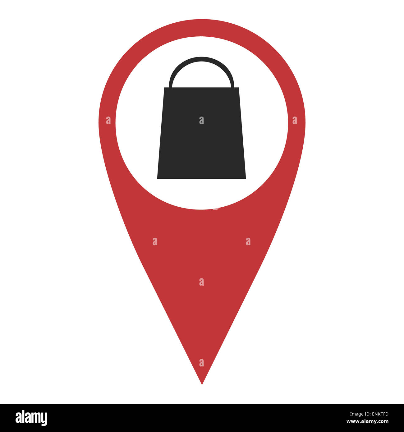 Red geo pin with shopping bag on white. Geolocation and navigation ...