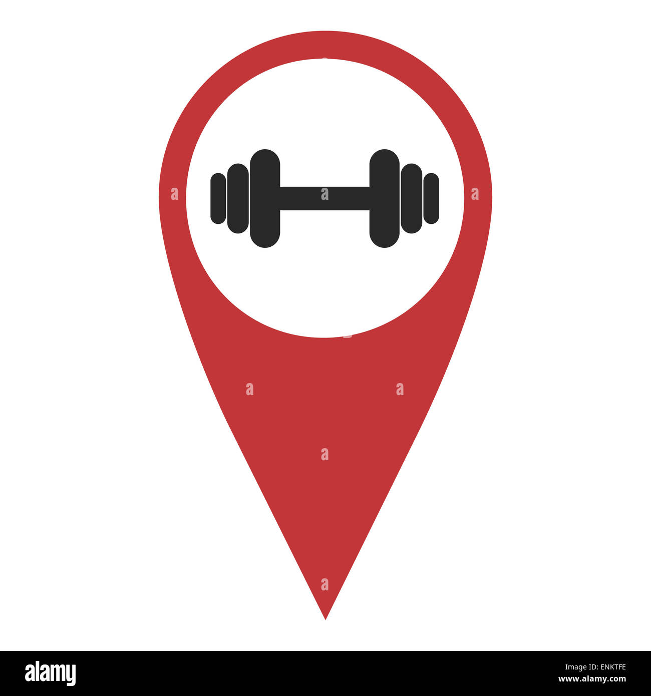 Red geo pin with dumbbell on white. Sport club signs, geolocation and ...