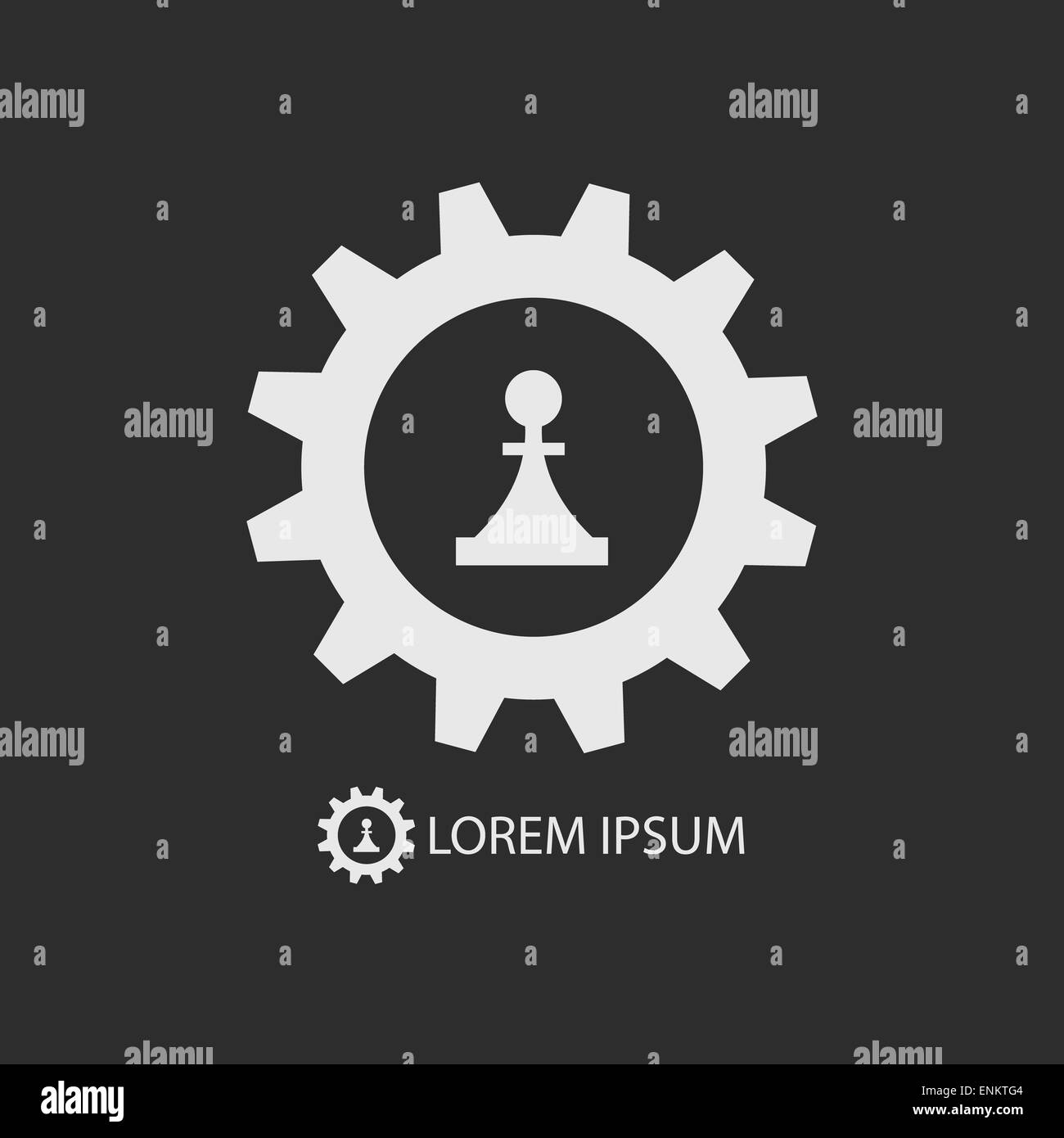 White gear wheel and piece as logo with copy space on dark grey ...