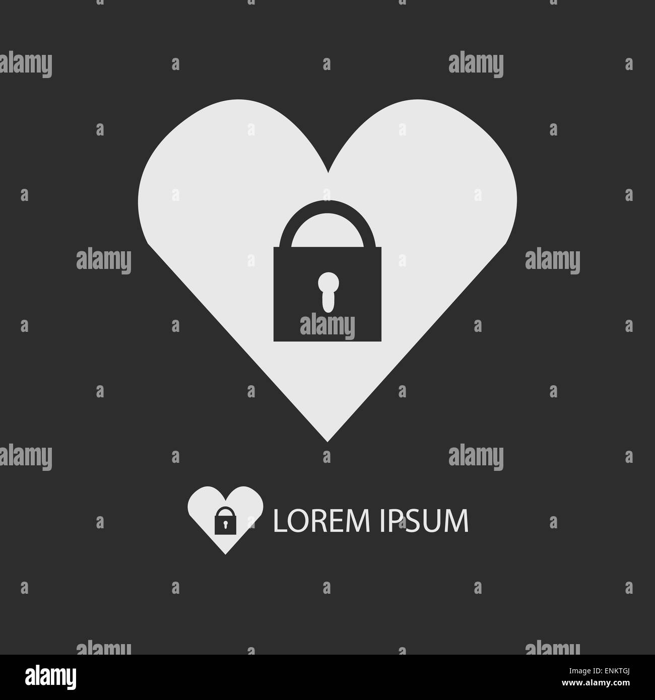 White heart with lock as logo with copyspace on dark grey background ...