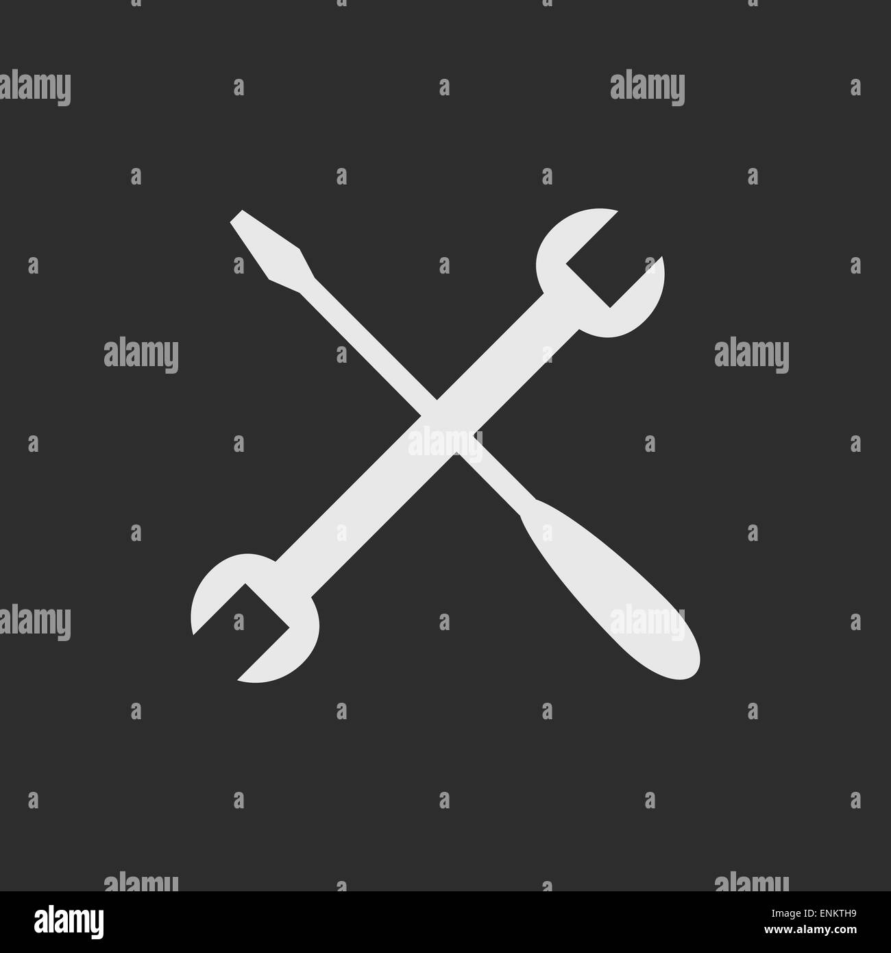 White crossed screw driver and spanner. Tools icon on dark grey ...