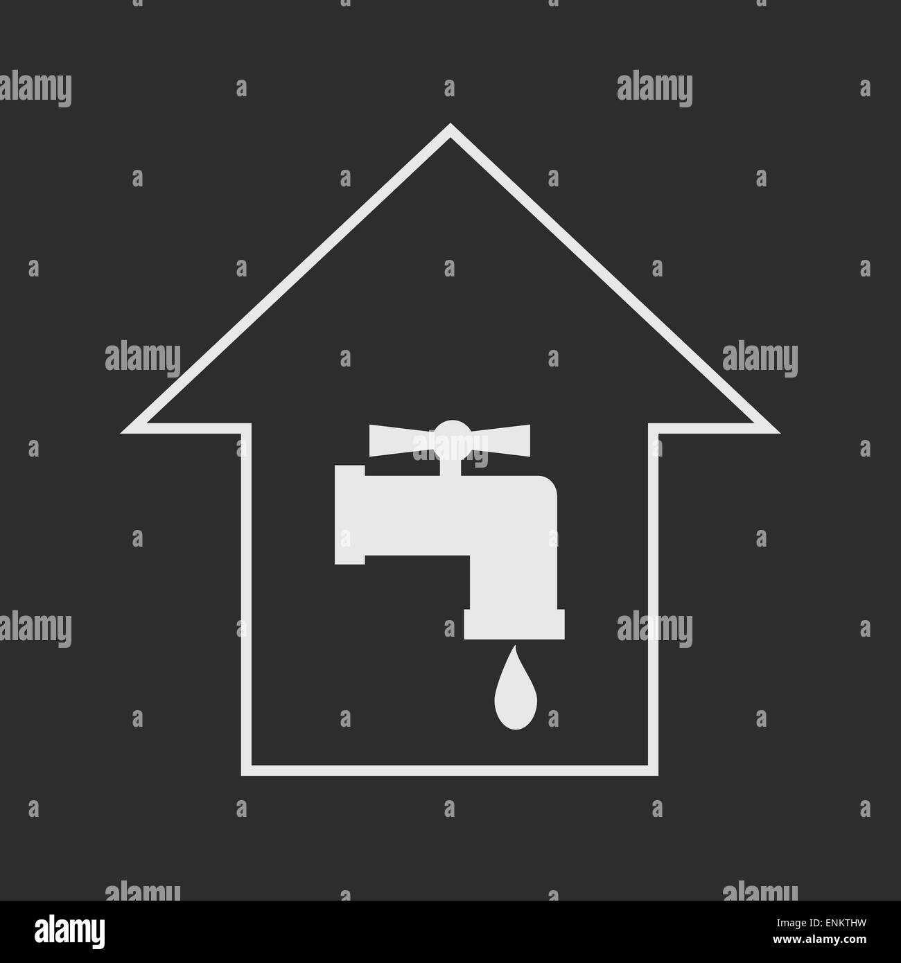 Tap with water drop in house. Plumbing symbol. White on dark grey ...