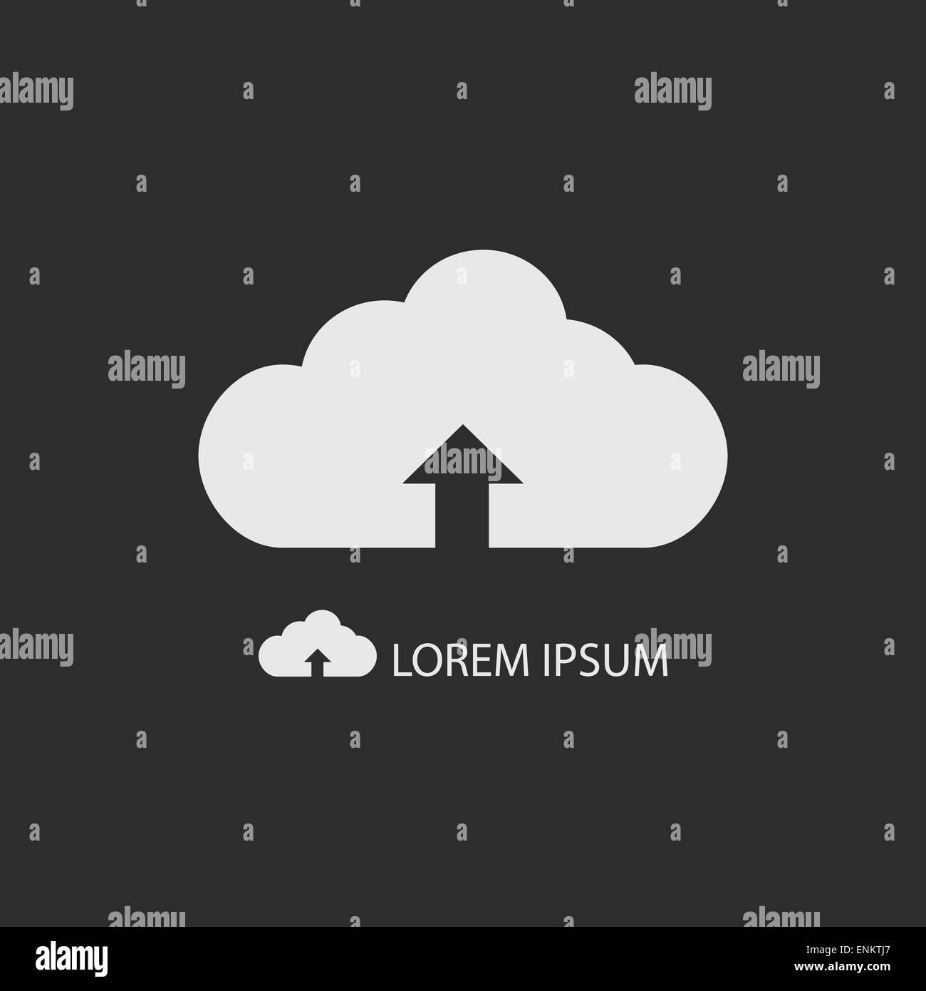 White cloud with uploading sign as logo with copy space on dark grey ...