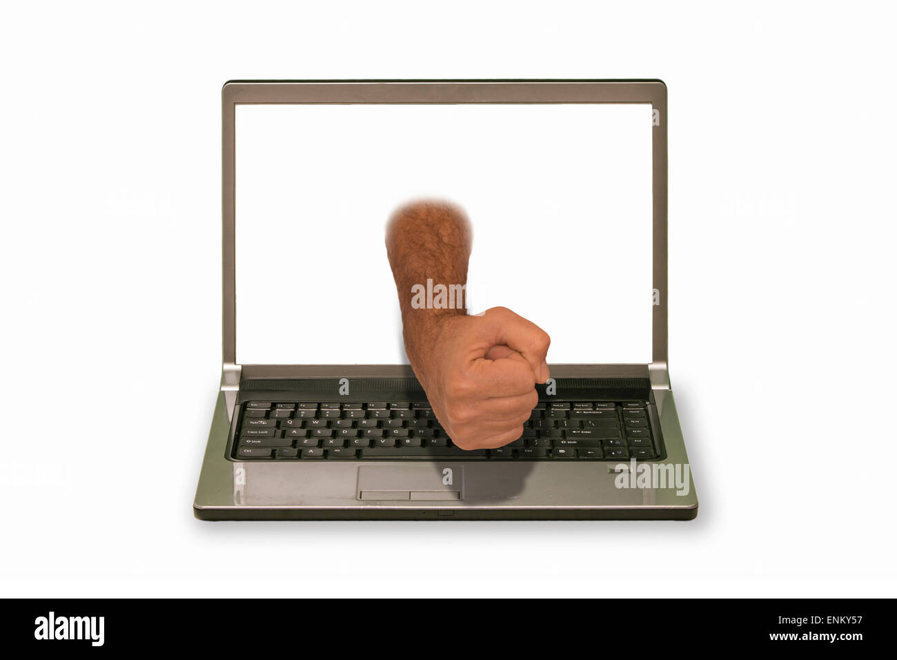 fist reaching out of laptop display - composite image Stock Photo - Alamy