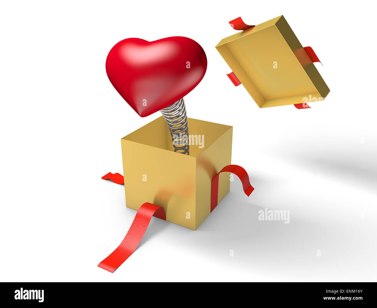 Surprise. The heart jumps out of a gift box on a spring. 3D concept ...