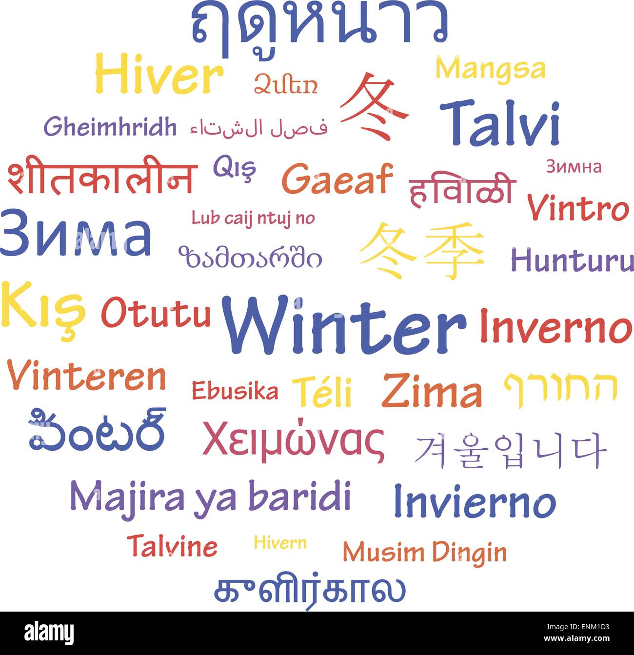 Word cloud for winter in many languages. Illustration made in vector ...