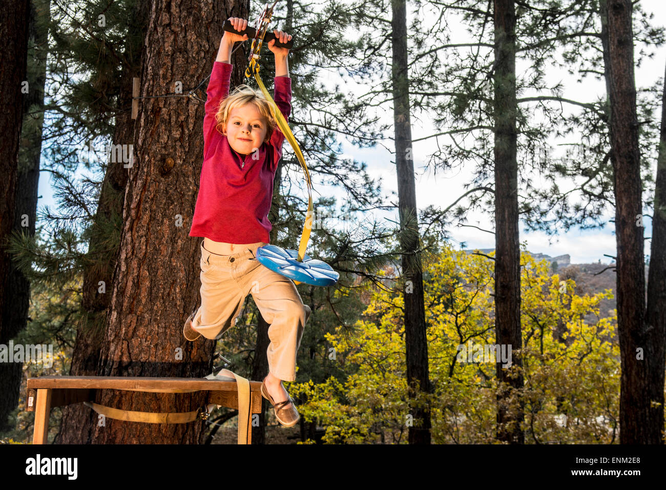A young girl on a backyard zip line in Durango, Colorado Stock Photo ...