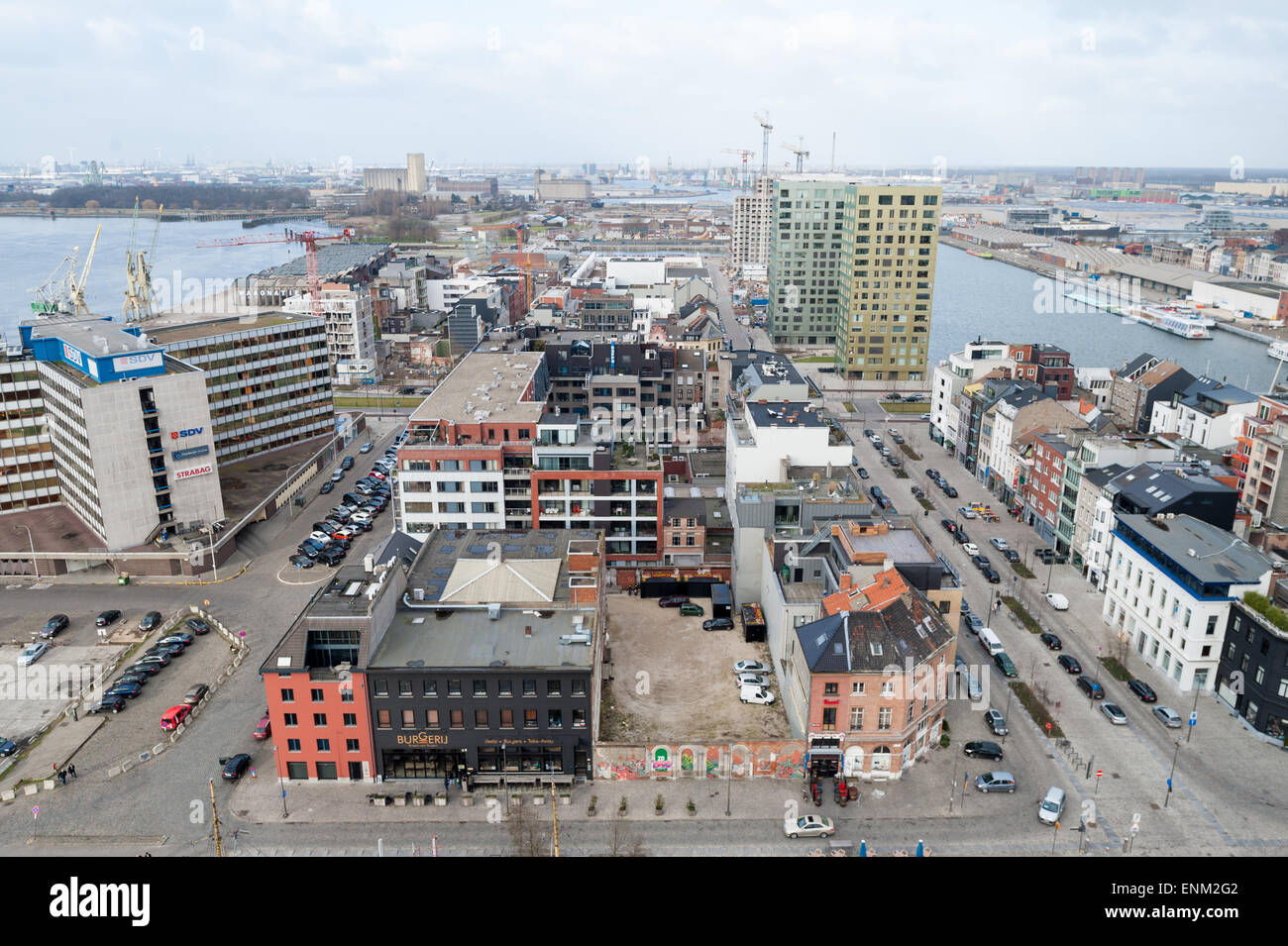 Belgium, Antwerp, birds eye view cityscape of the Eilandje Stock Photo ...
