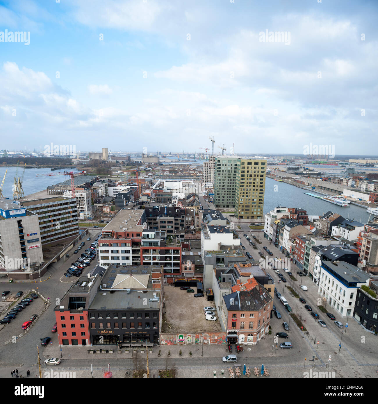 Belgium, Antwerp, birds eye view cityscape of the Eilandje Stock Photo ...