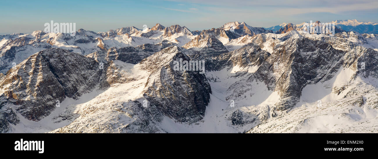 Panorama of the Weminuche Wilderness Mountains from the air, San Juan ...