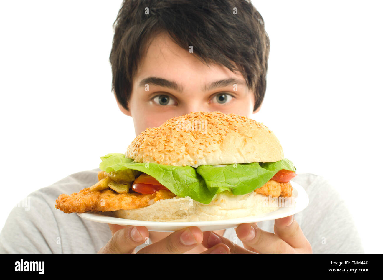 Man offering a big hamburger, fast food, take out for you Stock Photo ...