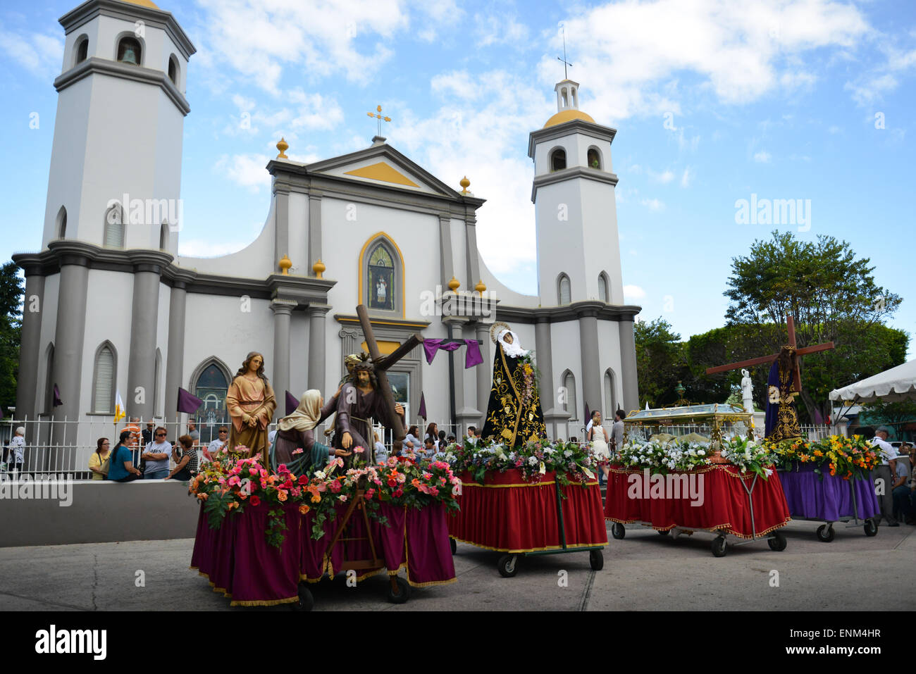 Floats awaiting for the Good Friday procession to start in Juana Diaz ...