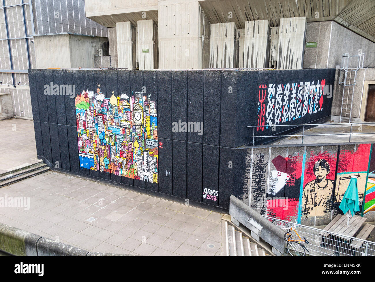Colourful mural painting by grems on an outside wall on the South Bank ...