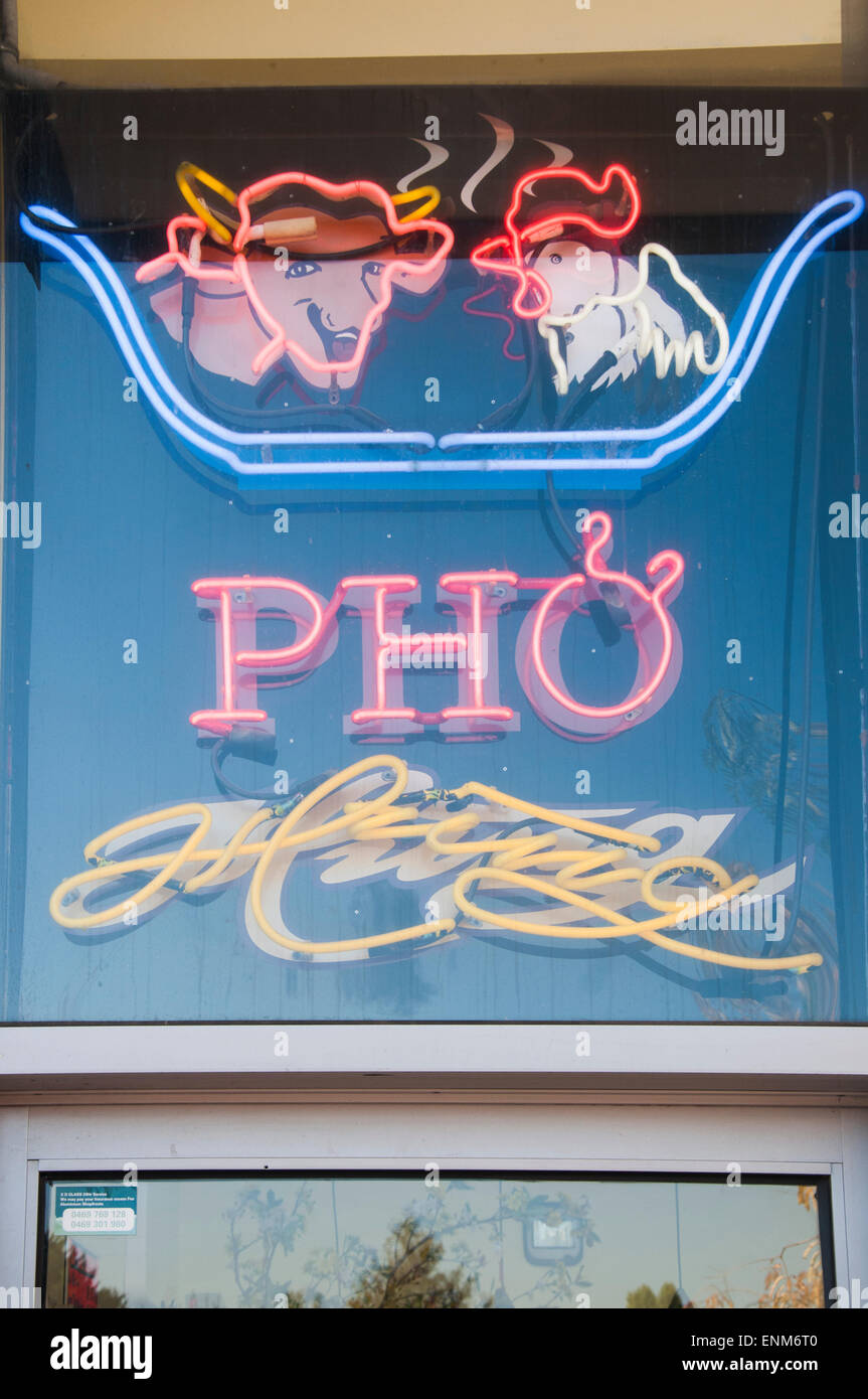Neon sign above a Vietnamese-style noodle soup cafe in Springvale, a ...