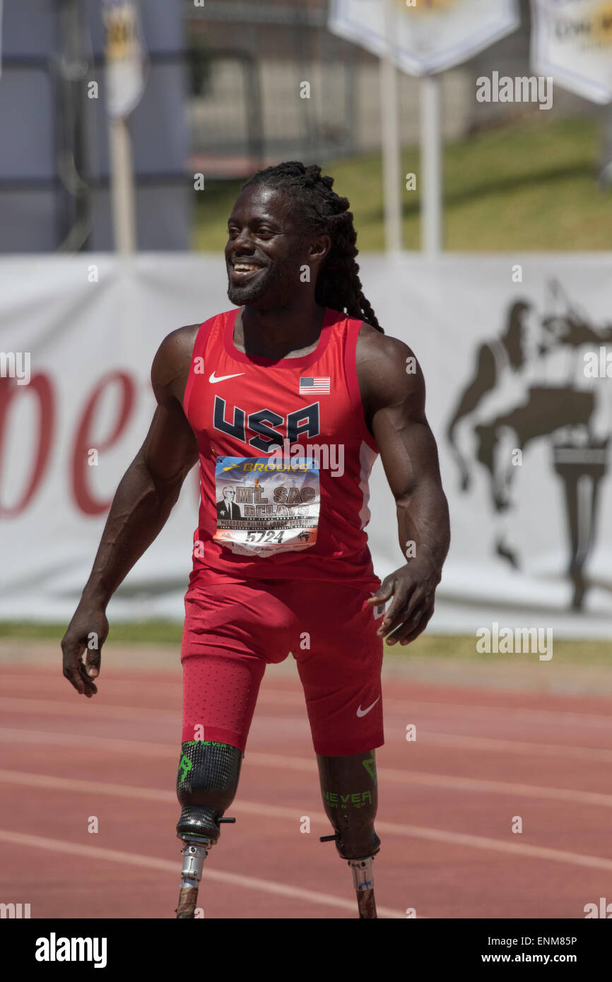 Paralympic runner 5724 Regas Woods USA at the Mt sac relays 2015 ...