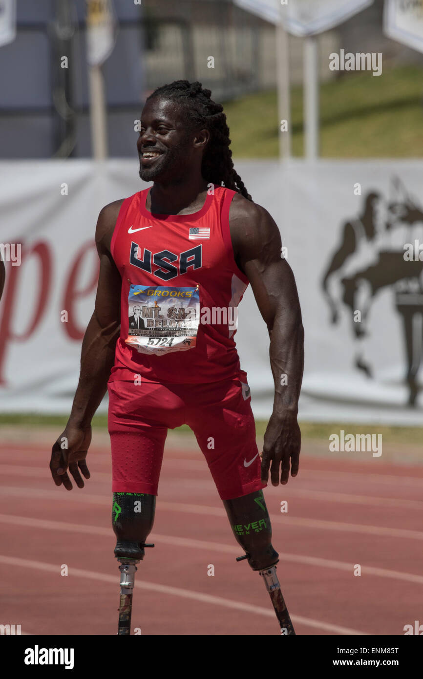 Paralympic runner 5724 Regas Woods USA at the Mt sac relays 2015 ...
