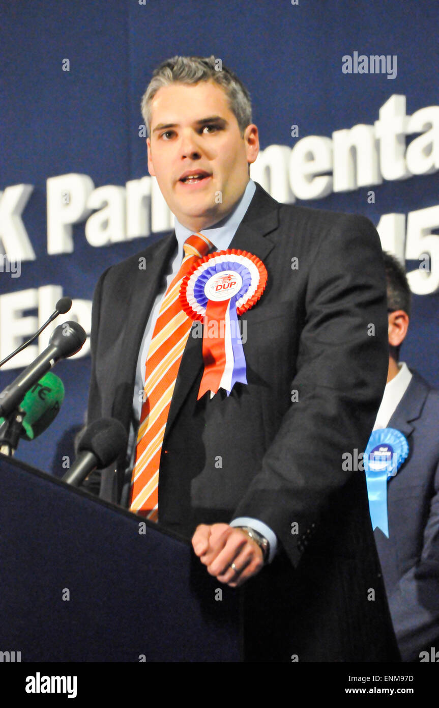 Belfast, Northern Ireland. 8 May 2015 - DUP's Gavin Robinson gives a ...